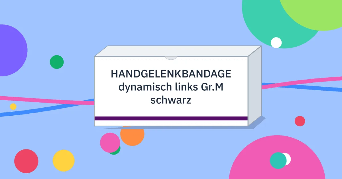 Symbolbild: Packung mit der Aufschrift HANDGELENKBANDAGE dynamisch links Gr.M schwarz (PZN 13827008) – Verfügbarkeit und Bezug in Apotheken in Frankfurt am Main