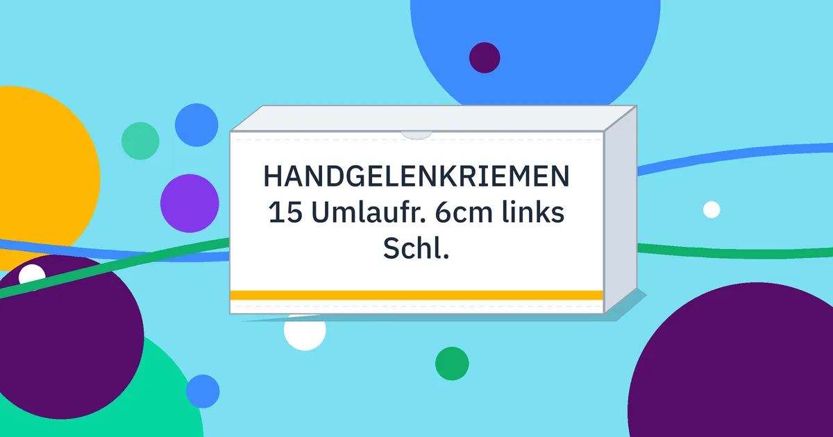 Symbolbild: Packung mit der Aufschrift HANDGELENKRIEMEN 15 Umlaufr. 6cm links Schl. (PZN 01963048) – Verfügbarkeit und Bezug in Apotheken in Frankfurt am Main