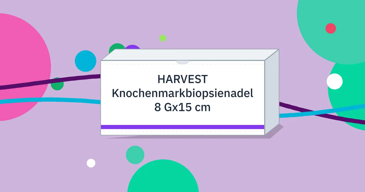Symbolbild: Packung mit der Aufschrift HARVEST Knochenmarkbiopsienadel 8 Gx15 cm (PZN 16921736) – Verfügbarkeit und Bezug in Apotheken in Frankfurt am Main