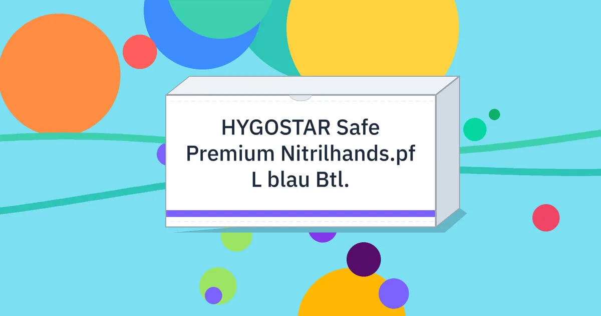 Symbolbild: Packung mit der Aufschrift HYGOSTAR Safe Premium Nitrilhands.pf L blau Btl. (PZN 20771998) – Verfügbarkeit und Bezug in Apotheken in Frankfurt am Main