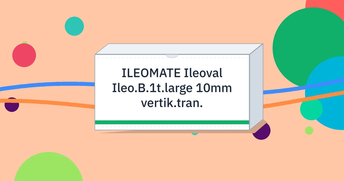 Symbolbild: Packung mit der Aufschrift ILEOMATE Ileoval Ileo.B.1t.large 10mm vertik.tran. (PZN 03740766) – Verfügbarkeit und Bezug in Apotheken in Frankfurt am Main