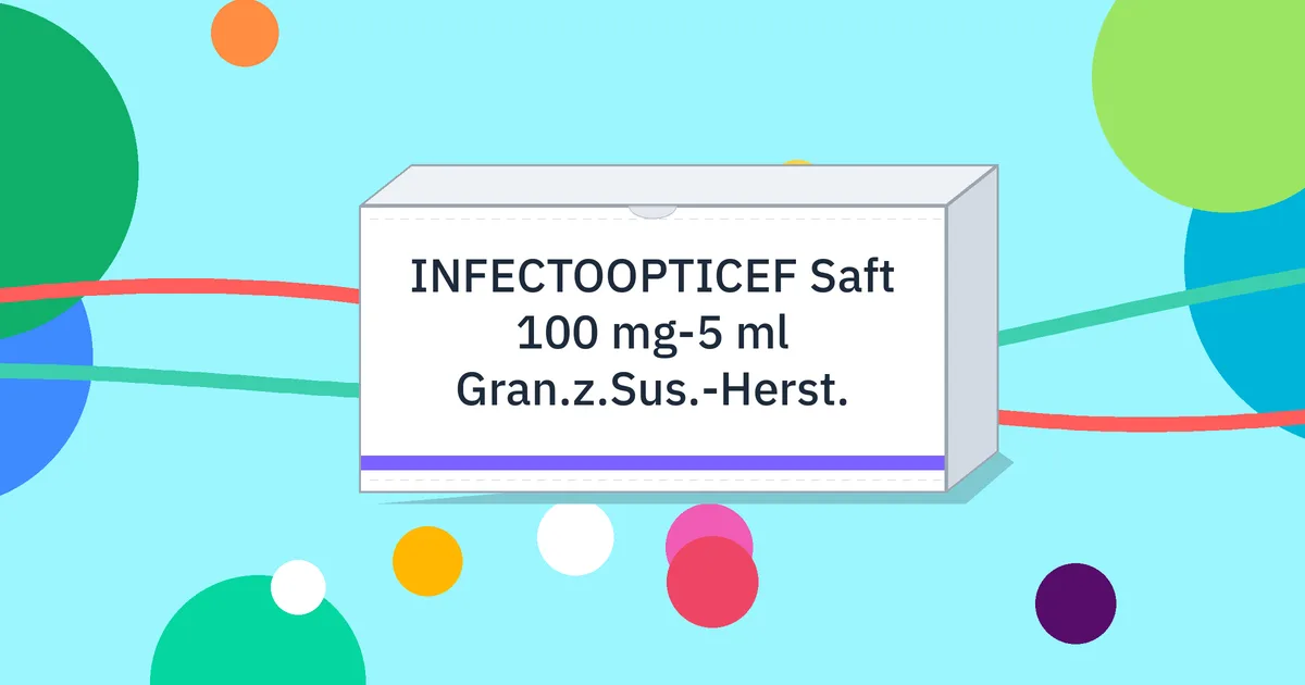 Symbolbild: Packung mit der Aufschrift INFECTOOPTICEF Saft 100 mg-5 ml Gran.z.Sus.-Herst. (PZN 11285856) – Verfügbarkeit und Bezug in Apotheken in Frankfurt am Main