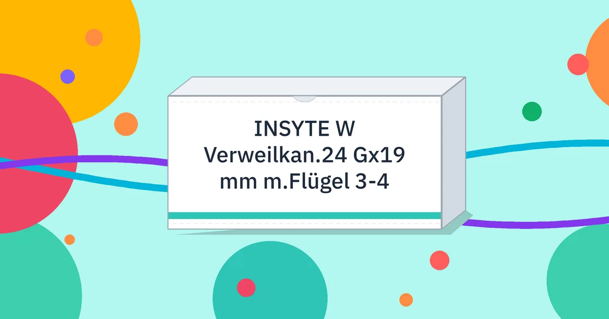 Symbolbild: Packung mit der Aufschrift INSYTE W Verweilkan.24 Gx19 mm m.Flügel 3-4 (PZN 13871305) – Verfügbarkeit und Bezug in Apotheken in Frankfurt am Main