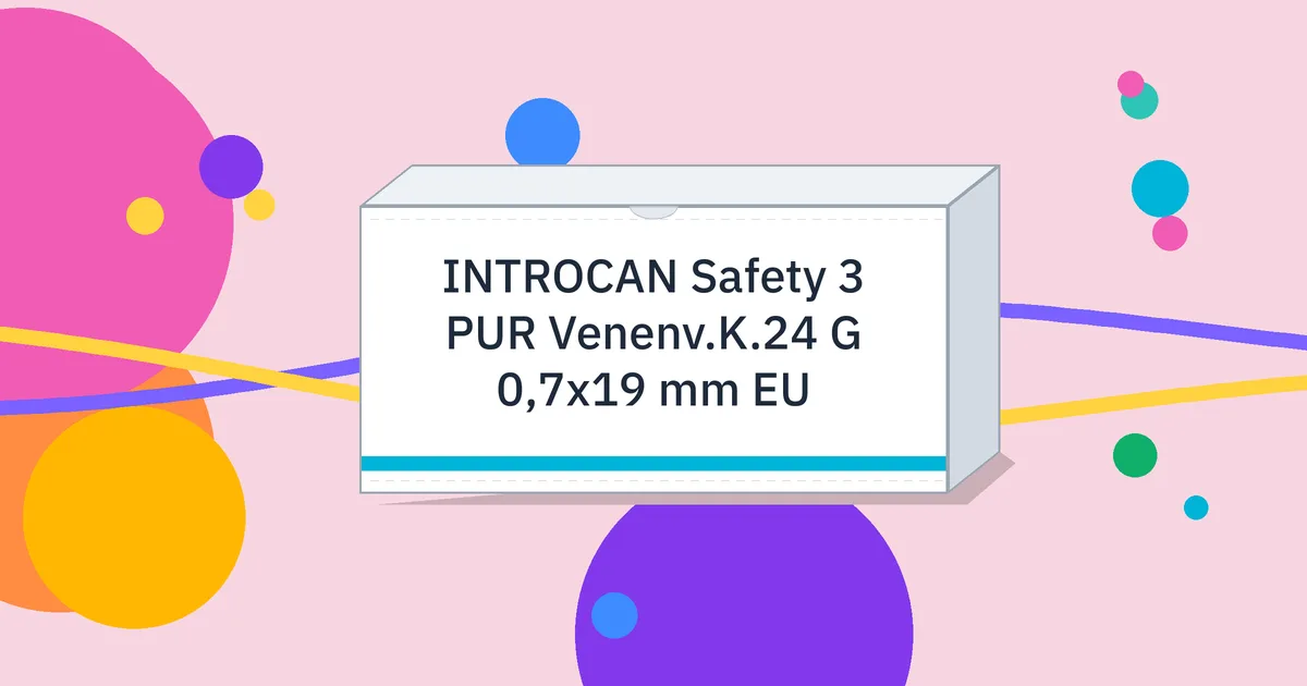 Symbolbild: Packung mit der Aufschrift INTROCAN Safety 3 PUR Venenv.K.24 G 0,7x19 mm EU (PZN 20345209) – Verfügbarkeit und Bezug in Apotheken in Frankfurt am Main