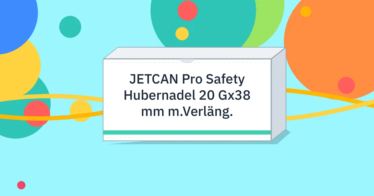 Symbolbild: Packung mit der Aufschrift JETCAN Pro Safety Hubernadel 20 Gx38 mm m.Verläng. (PZN 19420940) – Verfügbarkeit und Bezug in Apotheken in Frankfurt am Main