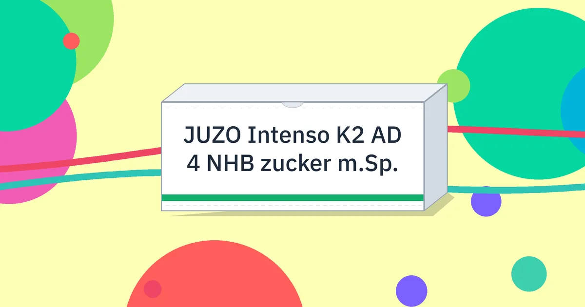 Symbolbild: Packung mit der Aufschrift JUZO Intenso K2 AD 4 NHB zucker m.Sp. (PZN 18609581) – Verfügbarkeit und Bezug in Apotheken in Frankfurt am Main