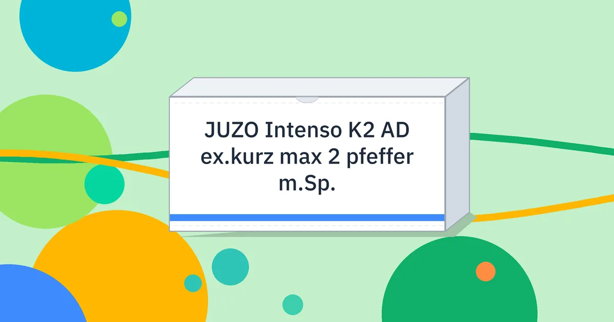 Symbolbild: Packung mit der Aufschrift JUZO Intenso K2 AD ex.kurz max 2 pfeffer m.Sp. (PZN 18606648) – Verfügbarkeit und Bezug in Apotheken in Frankfurt am Main