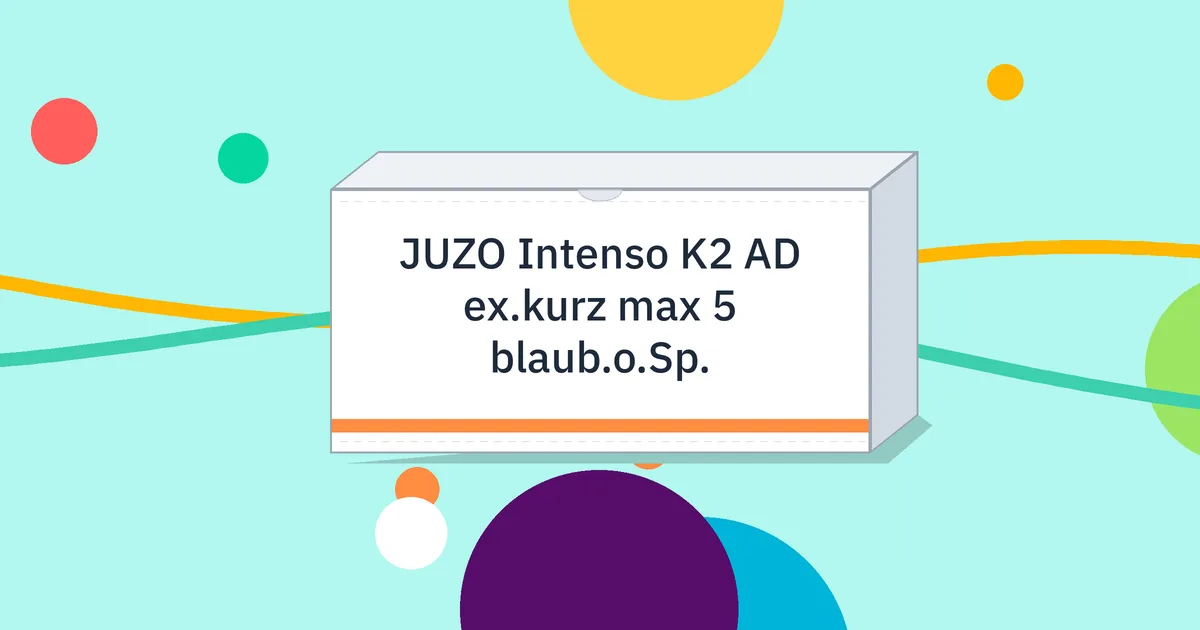 Symbolbild: Packung mit der Aufschrift JUZO Intenso K2 AD ex.kurz max 5 blaub.o.Sp. (PZN 18617557) – Verfügbarkeit und Bezug in Apotheken in Frankfurt am Main