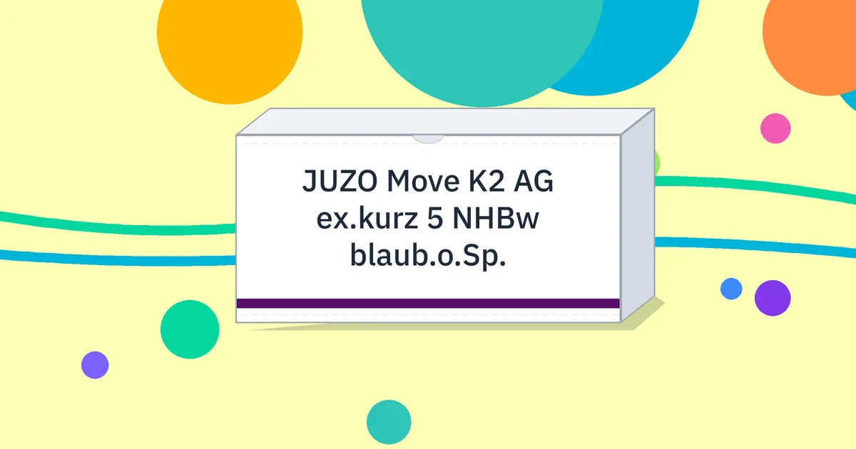 Symbolbild: Packung mit der Aufschrift JUZO Move K2 AG ex.kurz 5 NHBw blaub.o.Sp. (PZN 18564565) – Verfügbarkeit und Bezug in Apotheken in Frankfurt am Main