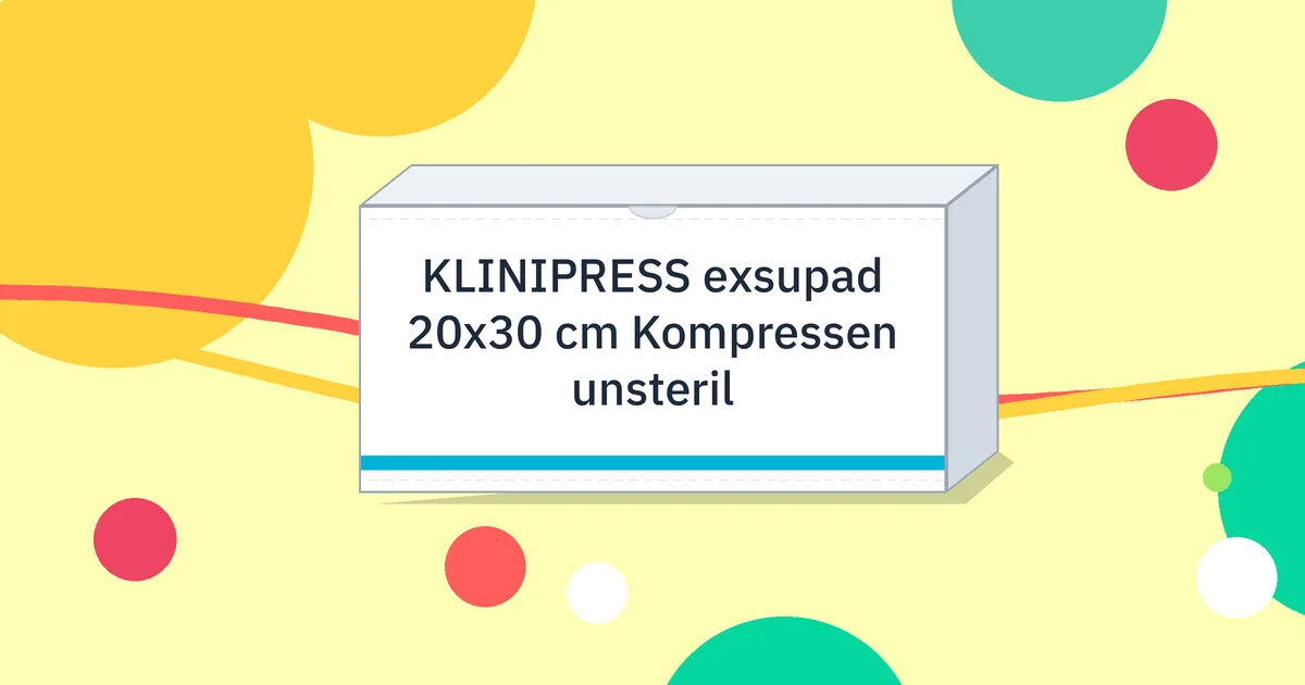 Symbolbild: Packung mit der Aufschrift KLINIPRESS exsupad 20x30 cm Kompressen unsteril (PZN 19899150) – Verfügbarkeit und Bezug in Apotheken in Frankfurt am Main