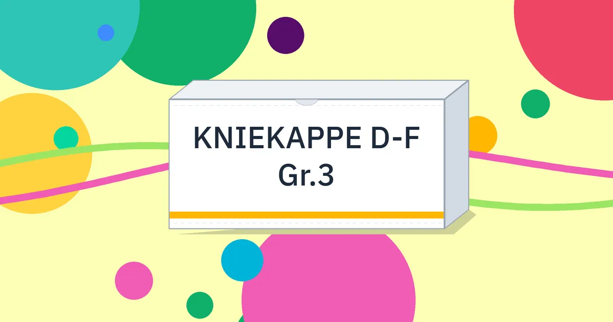 Symbolbild: Packung mit der Aufschrift KNIEKAPPE D-F Gr.3 (PZN 02444770) – Verfügbarkeit und Bezug in Apotheken in Frankfurt am Main