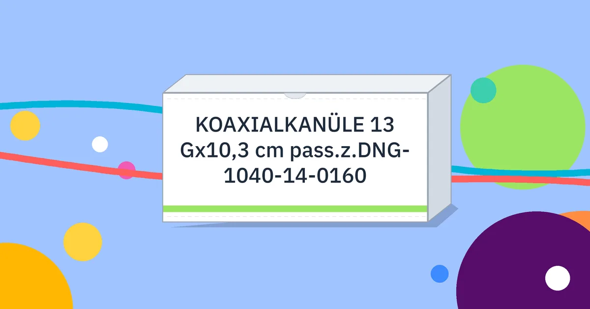 Symbolbild: Packung mit der Aufschrift KOAXIALKANÜLE 13 Gx10,3 cm pass.z.DNG-1040-14-0160 (PZN 18812365) – Verfügbarkeit und Bezug in Apotheken in Frankfurt am Main