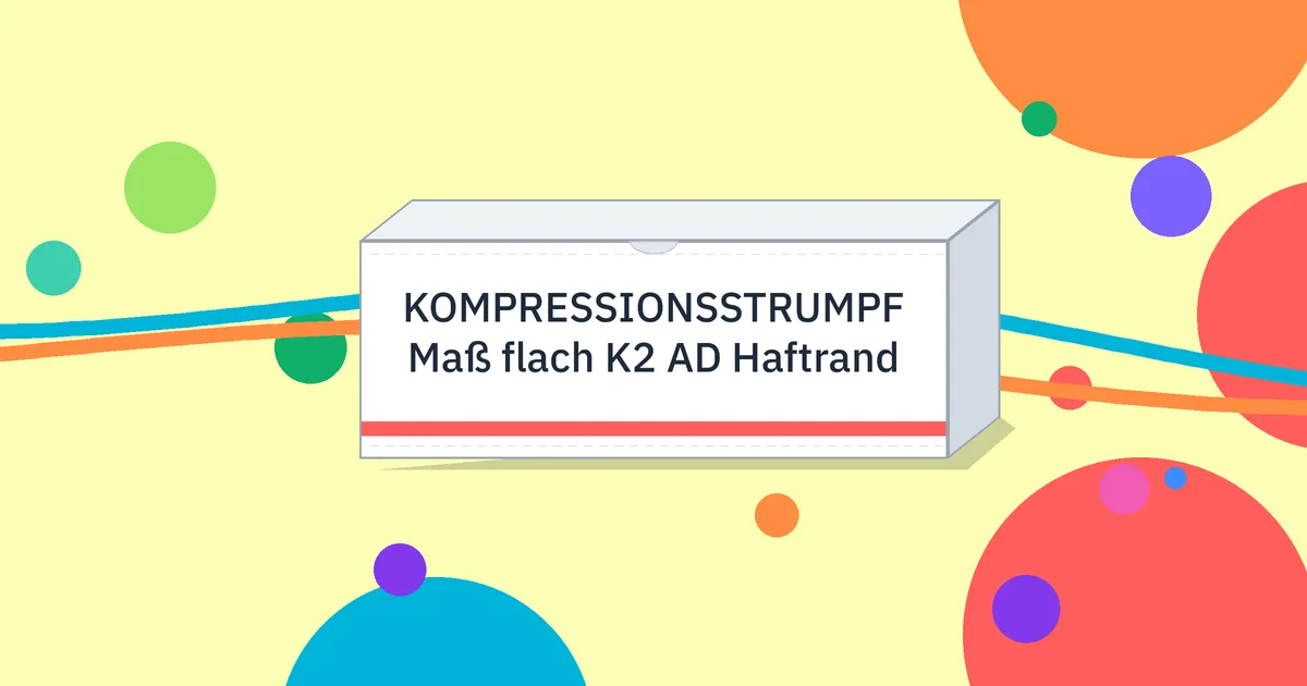 Symbolbild: Packung mit der Aufschrift KOMPRESSIONSSTRUMPF Maß flach K2 AD Haftrand (PZN 16745067) – Verfügbarkeit und Bezug in Apotheken in Frankfurt am Main
