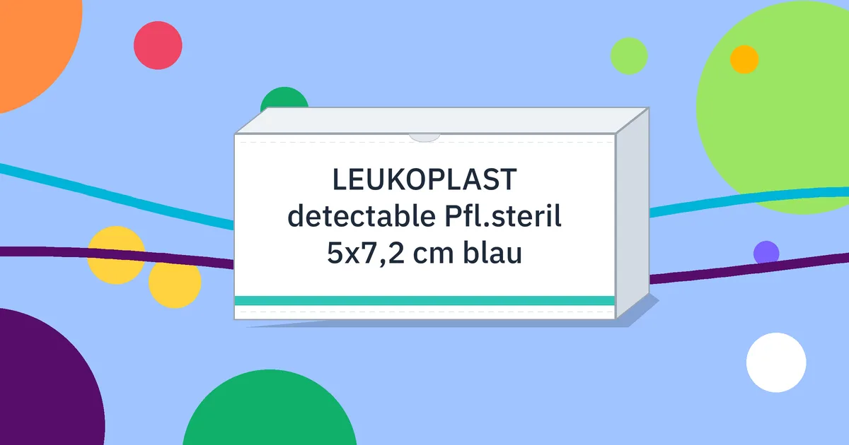 Symbolbild: Packung mit der Aufschrift LEUKOPLAST detectable Pfl.steril 5x7,2 cm blau (PZN 16160467) – Verfügbarkeit und Bezug in Apotheken in Frankfurt am Main