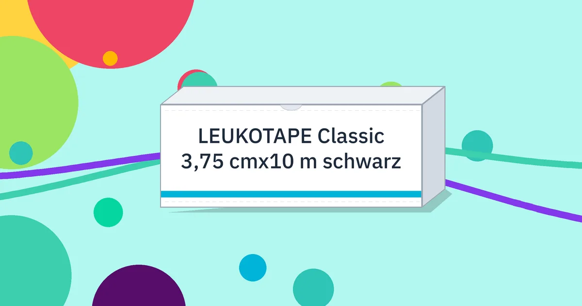 Symbolbild: Packung mit der Aufschrift LEUKOTAPE Classic 3,75 cmx10 m schwarz (PZN 00886162) – Verfügbarkeit und Bezug in Apotheken in Frankfurt am Main