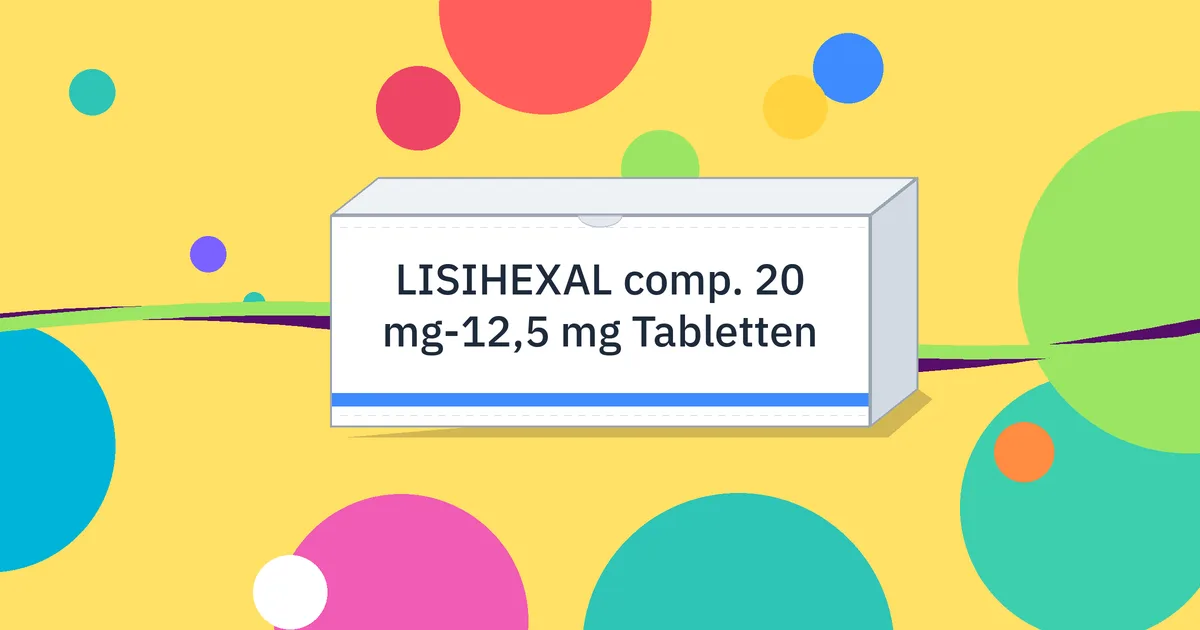 Symbolbild: Packung mit der Aufschrift LISIHEXAL comp. 20 mg-12,5 mg Tabletten (PZN 00850388) – Verfügbarkeit und Bezug in Apotheken in Frankfurt am Main