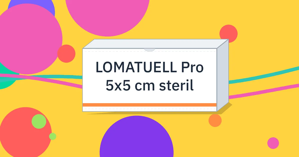 Symbolbild: Packung mit der Aufschrift LOMATUELL Pro 5x5 cm steril (PZN 20051583) – Verfügbarkeit und Bezug in Apotheken in Frankfurt am Main