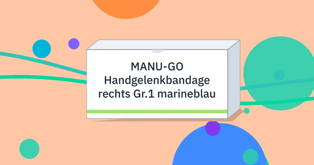 Symbolbild: Packung mit der Aufschrift MANU-GO Handgelenkbandage rechts Gr.1 marineblau (PZN 19742514) – Verfügbarkeit und Bezug in Apotheken in Frankfurt am Main