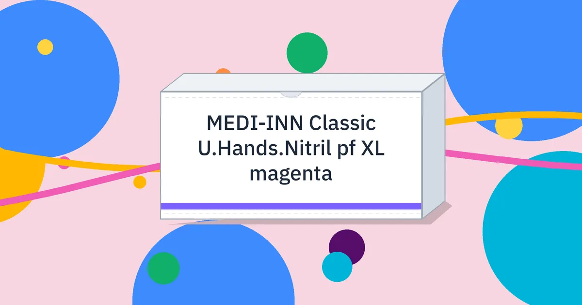 Symbolbild: Packung mit der Aufschrift MEDI-INN Classic U.Hands.Nitril pf XL magenta (PZN 18445056) – Verfügbarkeit und Bezug in Apotheken in Frankfurt am Main