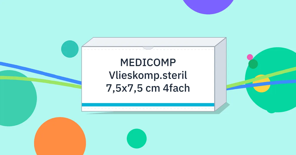 Symbolbild: Packung mit der Aufschrift MEDICOMP Vlieskomp.steril 7,5x7,5 cm 4fach (PZN 19760989) – Verfügbarkeit und Bezug in Apotheken in Frankfurt am Main