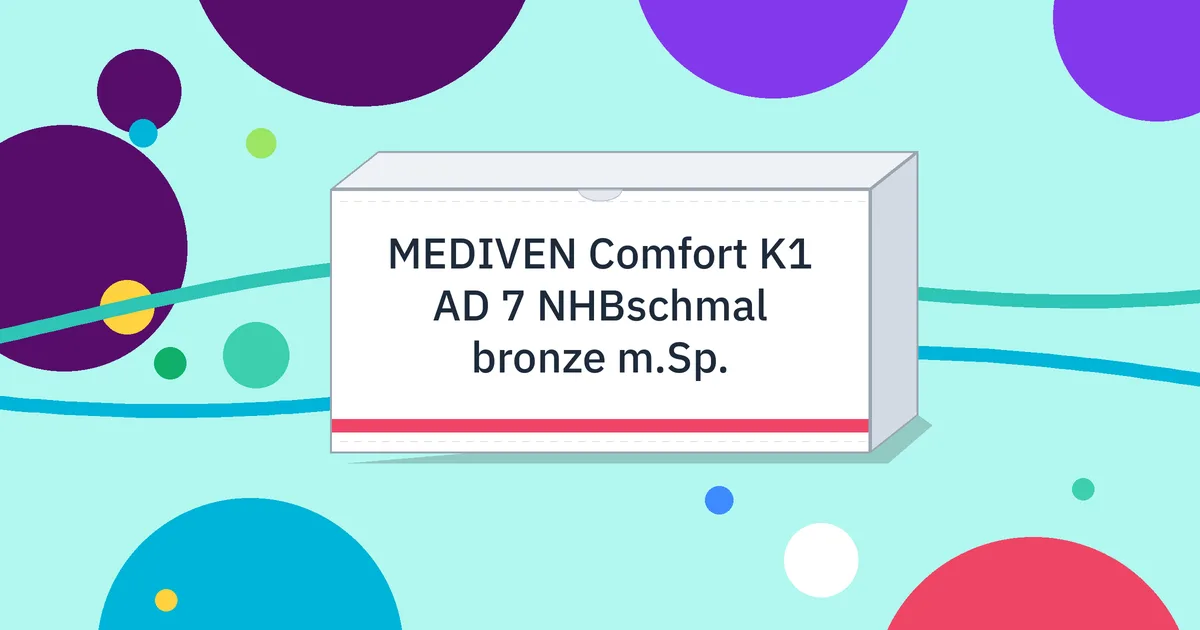 Symbolbild: Packung mit der Aufschrift MEDIVEN Comfort K1 AD 7 NHBschmal bronze m.Sp. (PZN 14561794) – Verfügbarkeit und Bezug in Apotheken in Frankfurt am Main