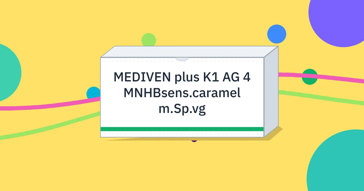 Symbolbild: Packung mit der Aufschrift MEDIVEN plus K1 AG 4 MNHBsens.caramel m.Sp.vg (PZN 16072349) – Verfügbarkeit und Bezug in Apotheken in Frankfurt am Main