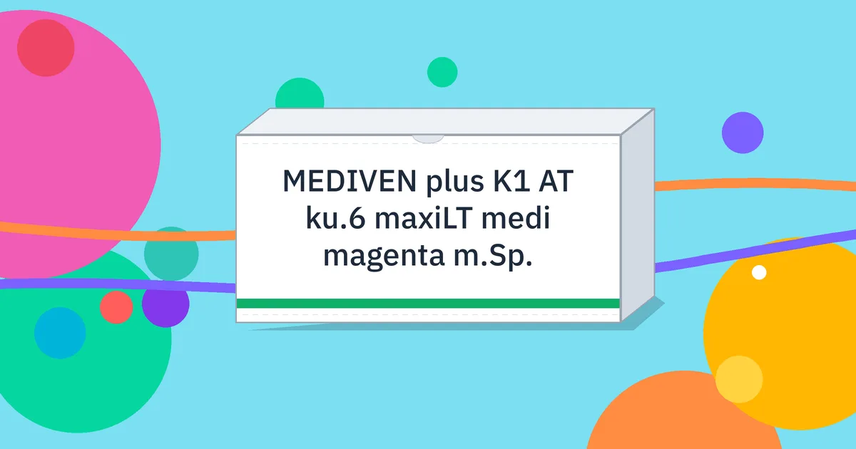 Symbolbild: Packung mit der Aufschrift MEDIVEN plus K1 AT ku.6 maxiLT medi magenta m.Sp. (PZN 15069575) – Verfügbarkeit und Bezug in Apotheken in Frankfurt am Main