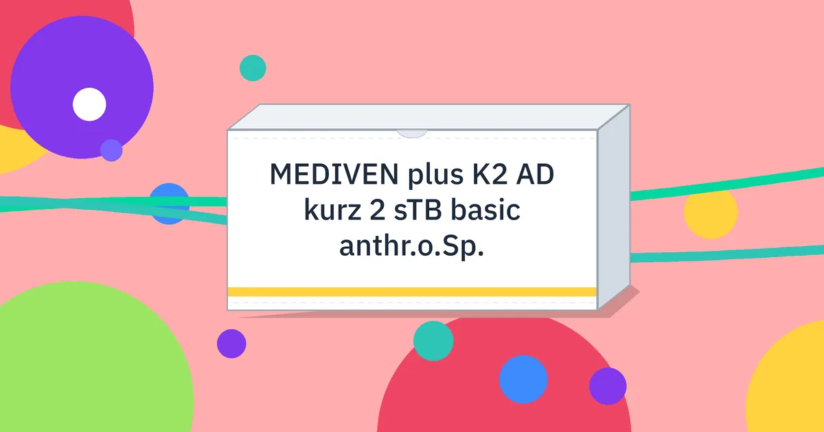 Symbolbild: Packung mit der Aufschrift MEDIVEN plus K2 AD kurz 2 sTB basic anthr.o.Sp. (PZN 15099197) – Verfügbarkeit und Bezug in Apotheken in Frankfurt am Main