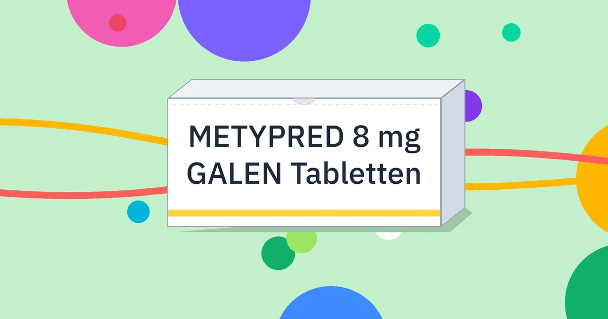 Symbolbild: Packung mit der Aufschrift METYPRED 8 mg GALEN Tabletten (PZN 01484419) – Verfügbarkeit und Bezug in Apotheken in Frankfurt am Main
