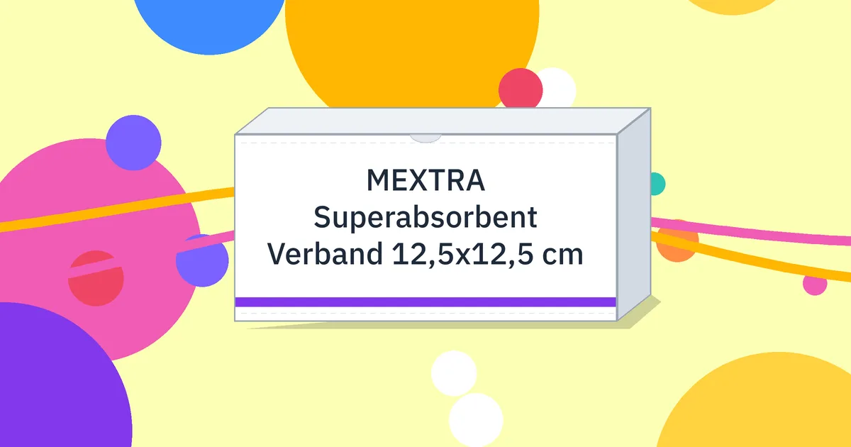 Symbolbild: Packung mit der Aufschrift MEXTRA Superabsorbent Verband 12,5x12,5 cm (PZN 13965880) – Verfügbarkeit und Bezug in Apotheken in Frankfurt am Main