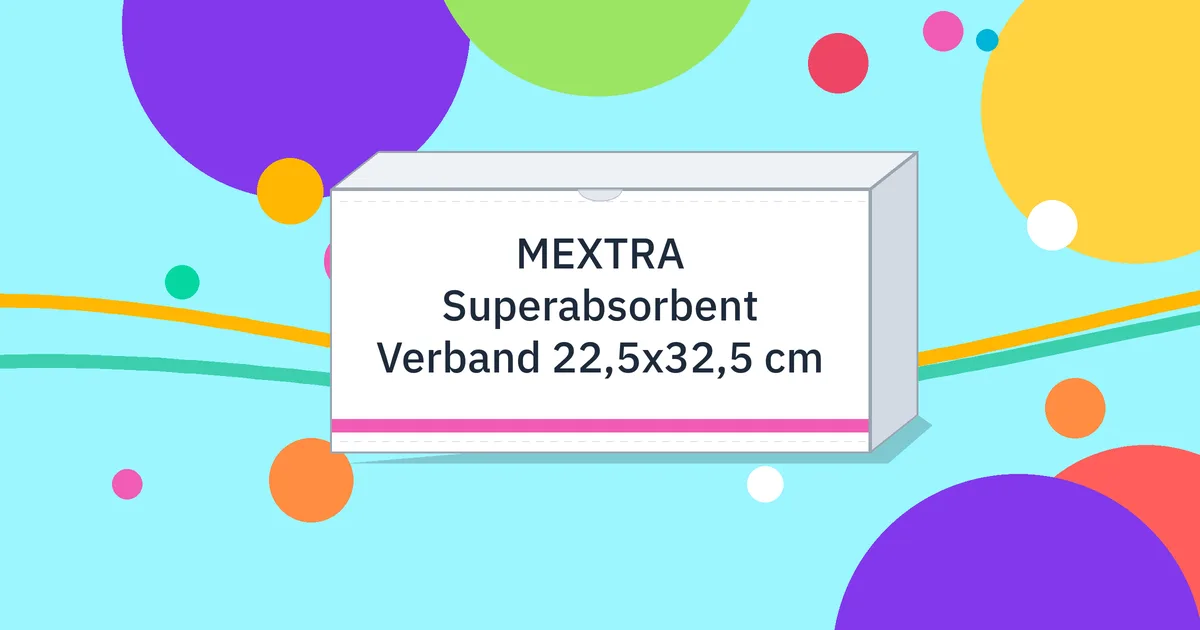 Symbolbild: Packung mit der Aufschrift MEXTRA Superabsorbent Verband 22,5x32,5 cm (PZN 13965934) – Verfügbarkeit und Bezug in Apotheken in Frankfurt am Main
