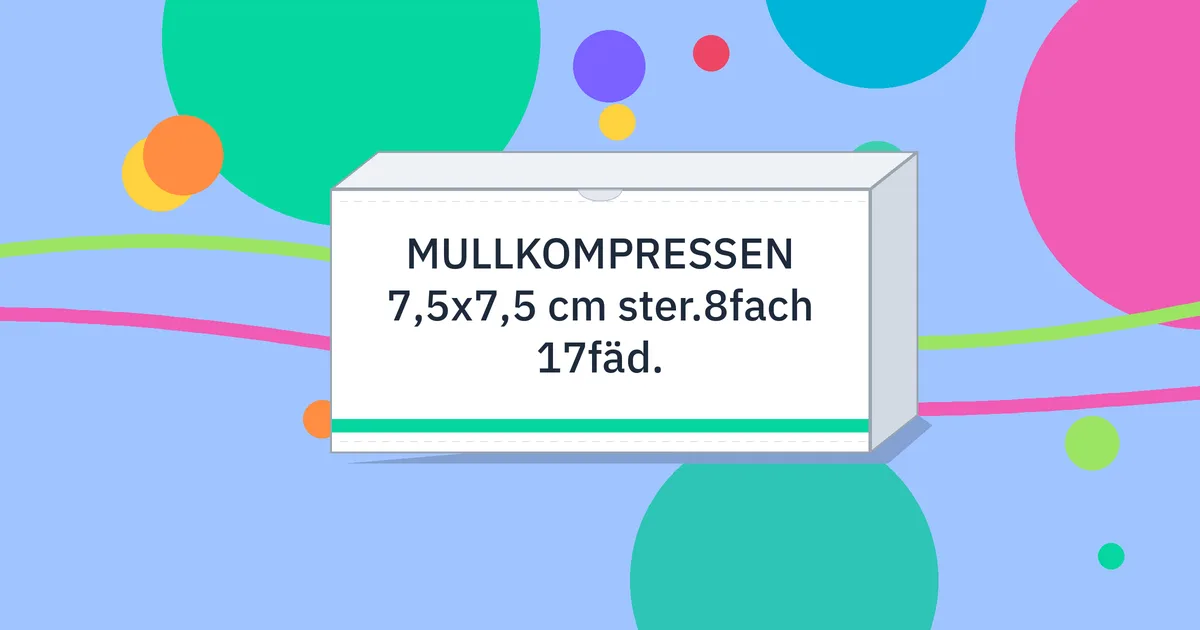 Symbolbild: Packung mit der Aufschrift MULLKOMPRESSEN 7,5x7,5 cm ster.8fach 17fäd. (PZN 06929234) – Verfügbarkeit und Bezug in Apotheken in Frankfurt am Main