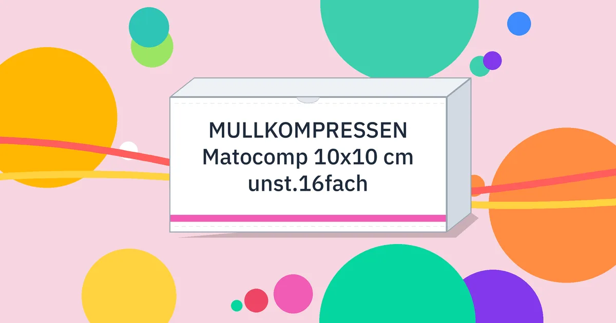 Symbolbild: Packung mit der Aufschrift MULLKOMPRESSEN Matocomp 10x10 cm unst.16fach (PZN 03377780) – Verfügbarkeit und Bezug in Apotheken in Frankfurt am Main