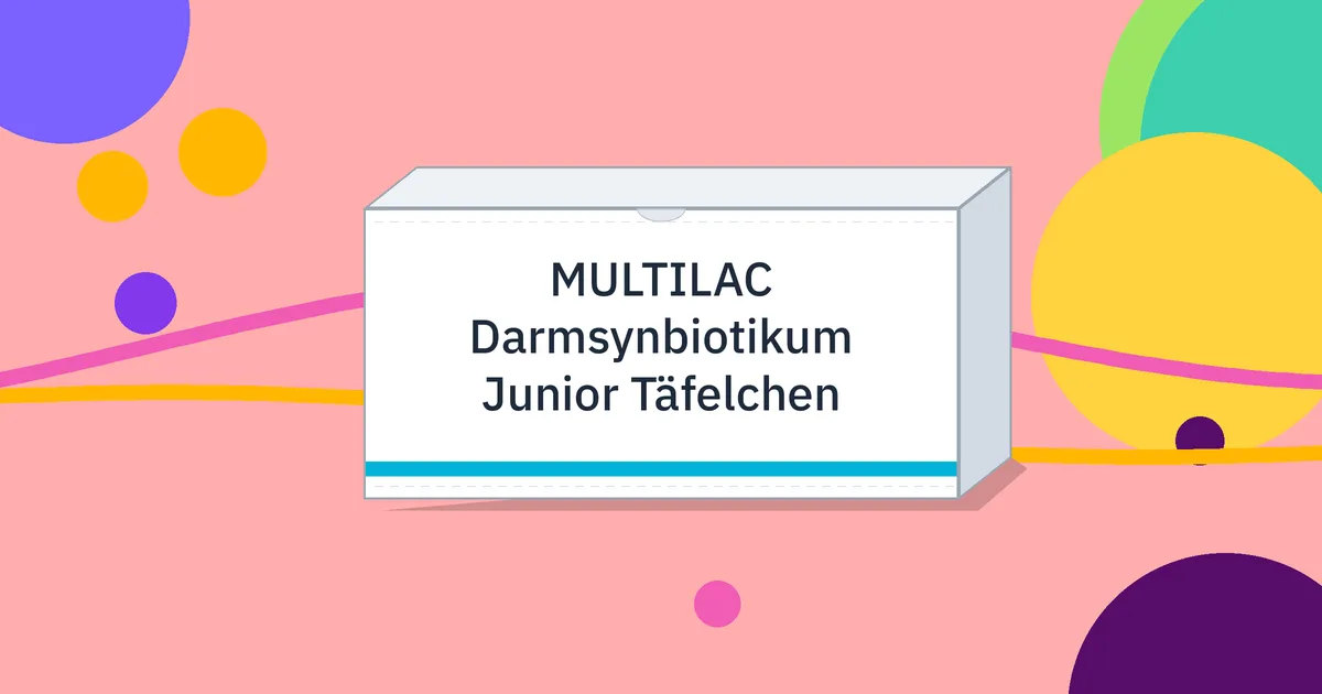 Symbolbild: Packung mit der Aufschrift MULTILAC Darmsynbiotikum Junior Täfelchen (PZN 18773441) – Verfügbarkeit und Bezug in Apotheken in Frankfurt am Main