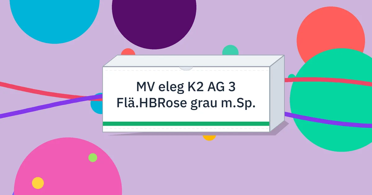 Symbolbild: Packung mit der Aufschrift MV eleg K2 AG 3 Flä.HBRose grau m.Sp. (PZN 18929222) – Verfügbarkeit und Bezug in Apotheken in Frankfurt am Main