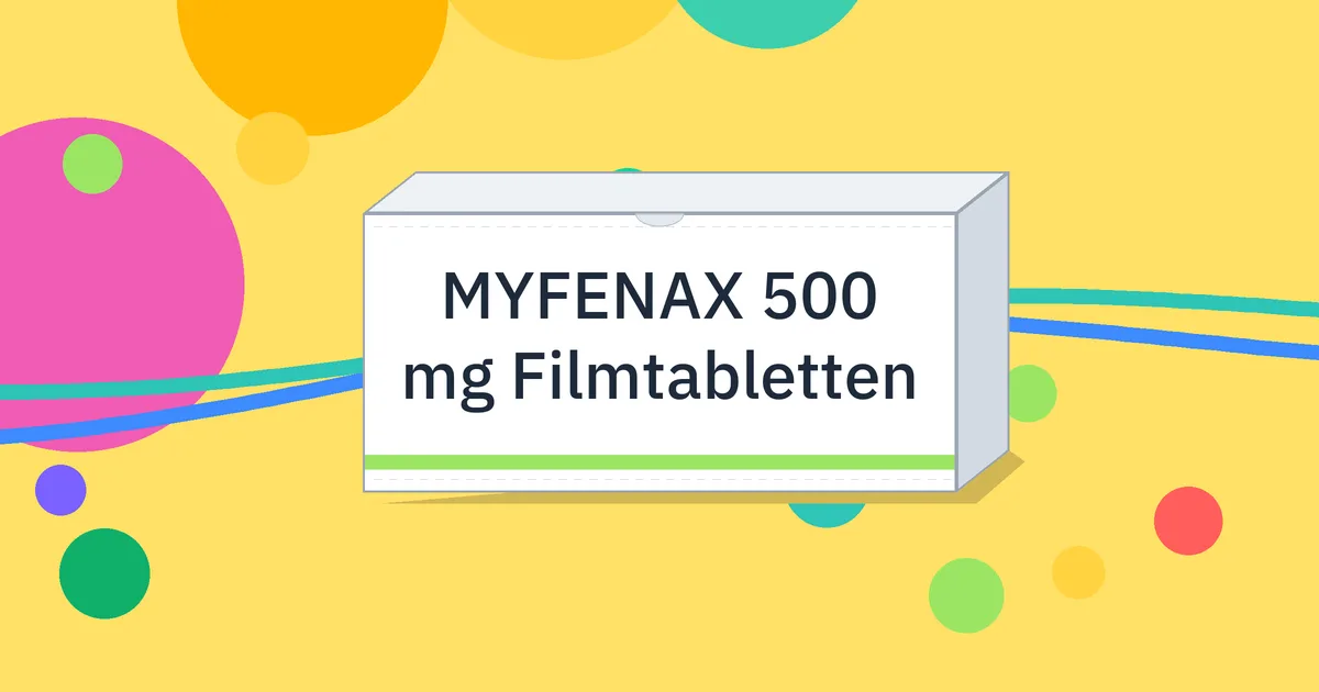 Symbolbild: Packung mit der Aufschrift MYFENAX 500 mg Filmtabletten (PZN 11854001) – Verfügbarkeit und Bezug in Apotheken in Frankfurt am Main