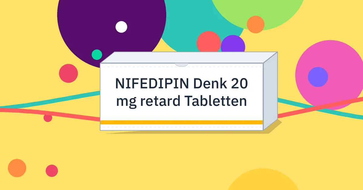Symbolbild: Packung mit der Aufschrift NIFEDIPIN Denk 20 mg retard Tabletten (PZN 18054278) – Verfügbarkeit und Bezug in Apotheken in Frankfurt am Main