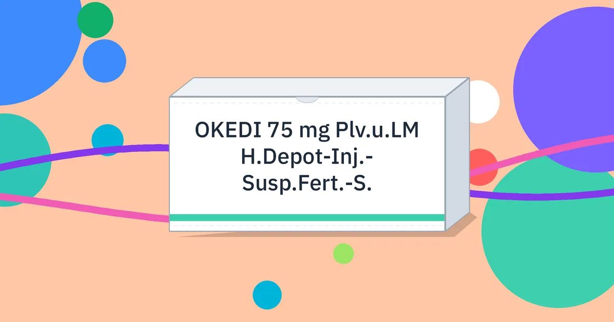 Symbolbild: Packung mit der Aufschrift OKEDI 75 mg Plv.u.LM H.Depot-Inj.-Susp.Fert.-S. (PZN 18725991) – Verfügbarkeit und Bezug in Apotheken in Frankfurt am Main