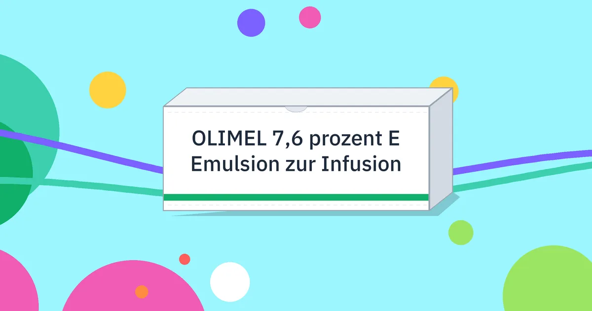 Symbolbild: Packung mit der Aufschrift OLIMEL 7,6 prozent E Emulsion zur Infusion (PZN 14438450) – Verfügbarkeit und Bezug in Apotheken in Frankfurt am Main