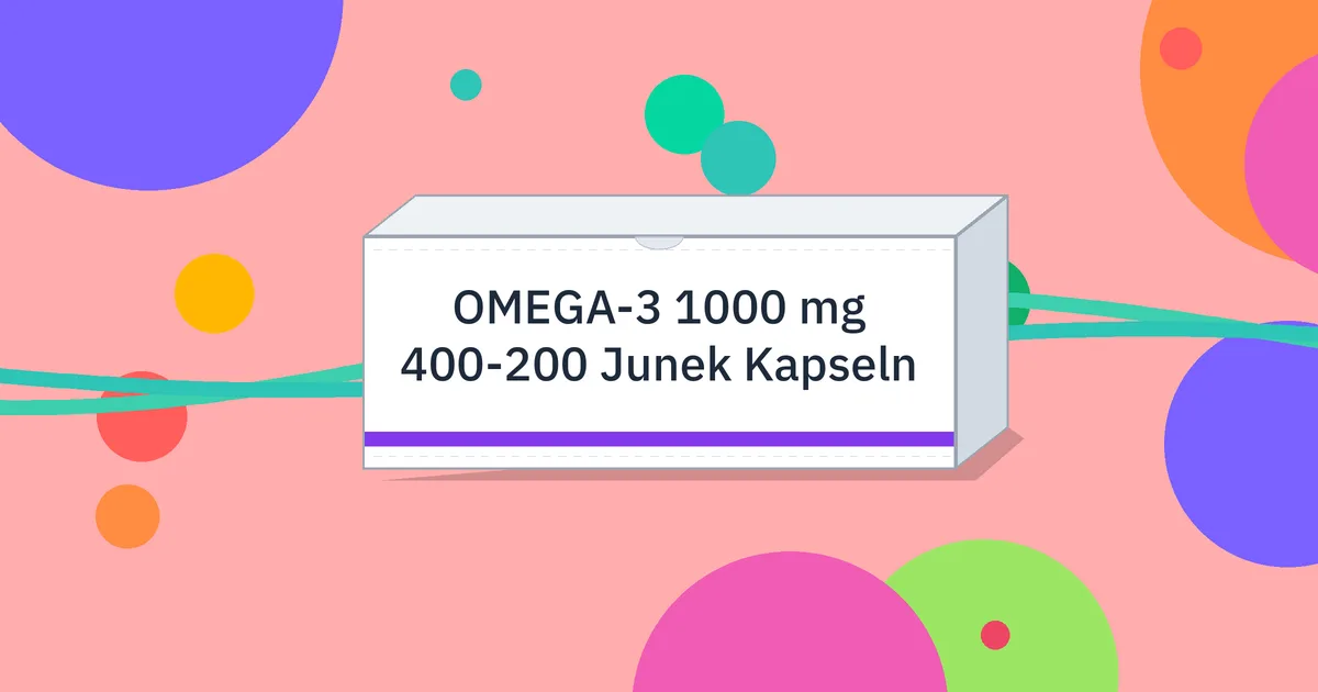 Symbolbild: Packung mit der Aufschrift OMEGA-3 1000 mg 400-200 Junek Kapseln (PZN 11189615) – Verfügbarkeit und Bezug in Apotheken in Frankfurt am Main