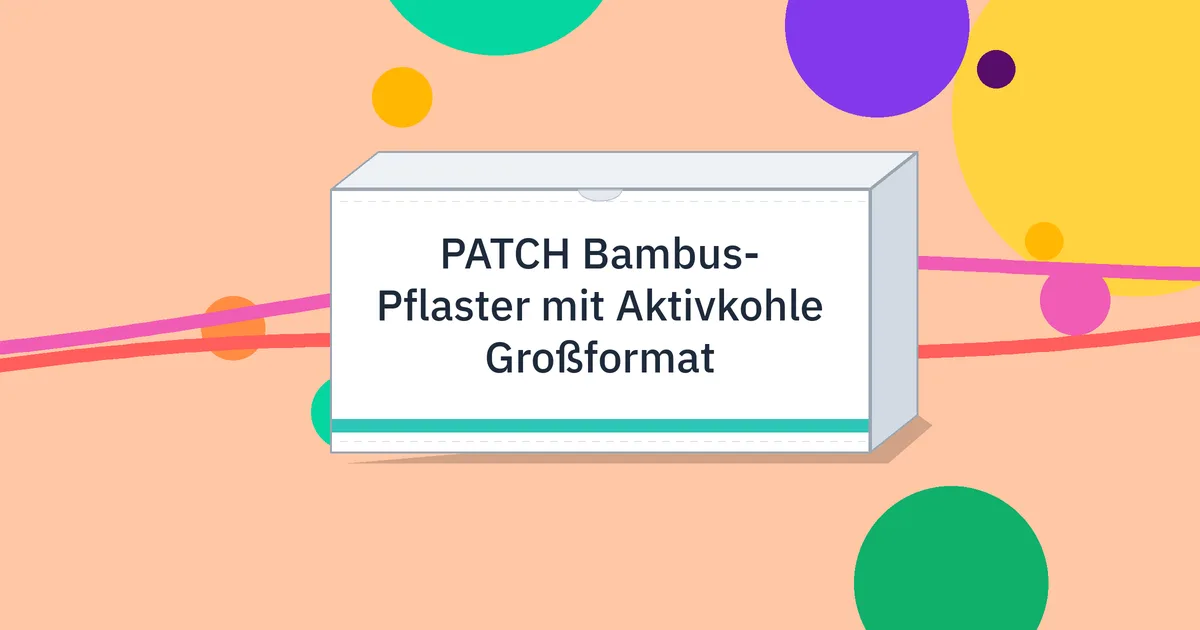 Symbolbild: Packung mit der Aufschrift PATCH Bambus-Pflaster mit Aktivkohle Großformat (PZN 17922643) – Verfügbarkeit und Bezug in Apotheken in Frankfurt am Main