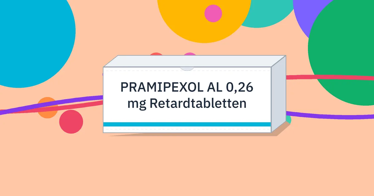 Symbolbild: Packung mit der Aufschrift PRAMIPEXOL AL 0,26 mg Retardtabletten (PZN 15785544) – Verfügbarkeit und Bezug in Apotheken in Frankfurt am Main