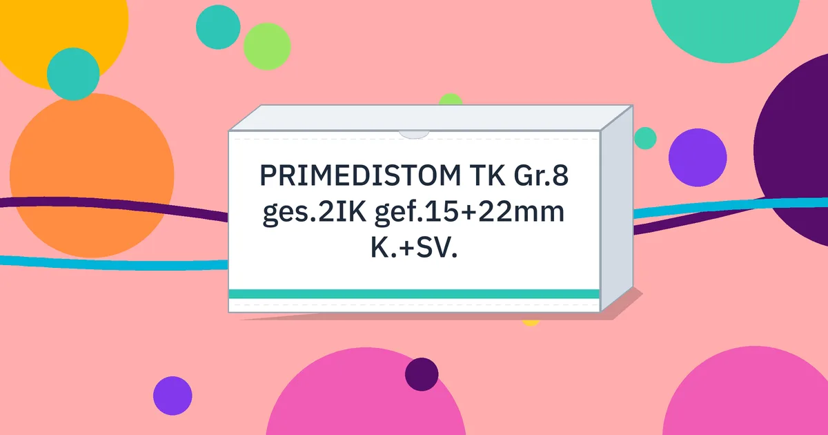 Symbolbild: Packung mit der Aufschrift PRIMEDISTOM TK Gr.8 ges.2IK gef.15+22mm K.+SV. (PZN 10928341) – Verfügbarkeit und Bezug in Apotheken in Frankfurt am Main