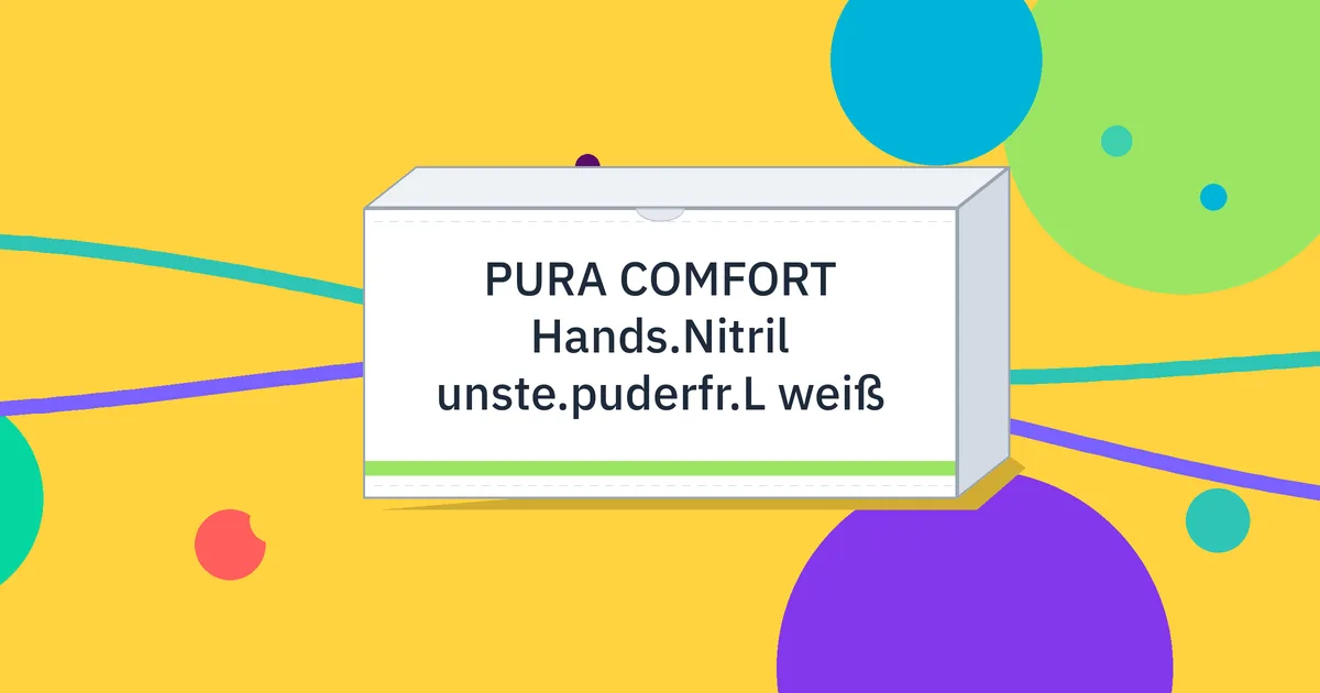 Symbolbild: Packung mit der Aufschrift PURA COMFORT Hands.Nitril unste.puderfr.L weiß (PZN 13511305) – Verfügbarkeit und Bezug in Apotheken in Frankfurt am Main