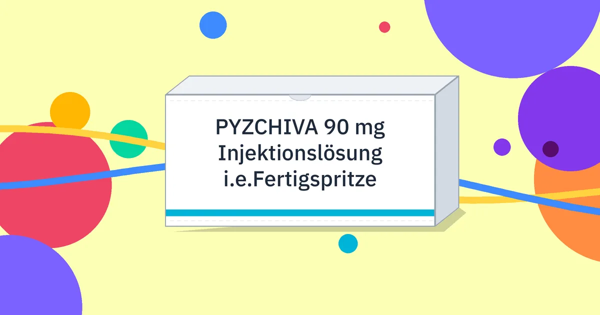 Symbolbild: Packung mit der Aufschrift PYZCHIVA 90 mg Injektionslösung i.e.Fertigspritze (PZN 19705074) – Verfügbarkeit und Bezug in Apotheken in Frankfurt am Main