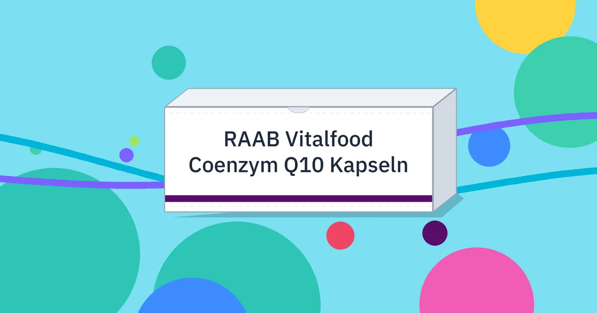 Symbolbild: Packung mit der Aufschrift RAAB Vitalfood Coenzym Q10 Kapseln (PZN 19304949) – Verfügbarkeit und Bezug in Apotheken in Frankfurt am Main
