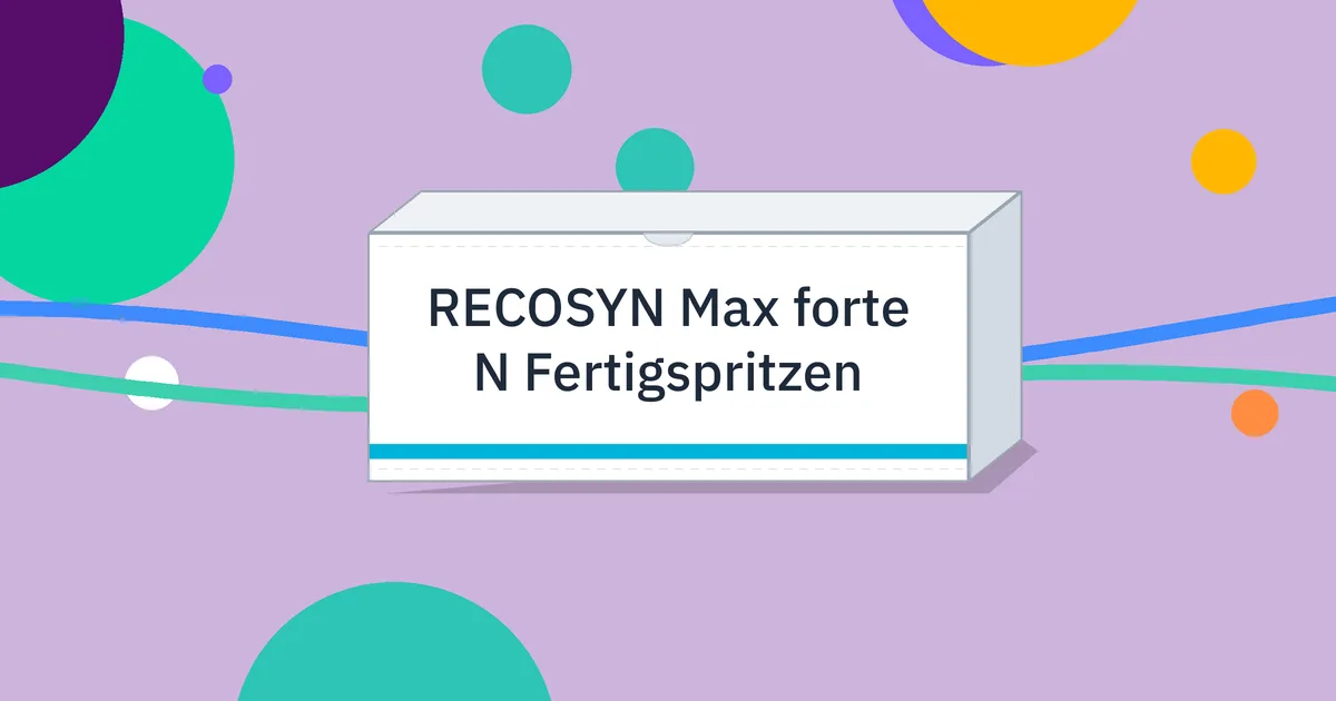 Symbolbild: Packung mit der Aufschrift RECOSYN Max forte N Fertigspritzen (PZN 18489970) – Verfügbarkeit und Bezug in Apotheken in Frankfurt am Main