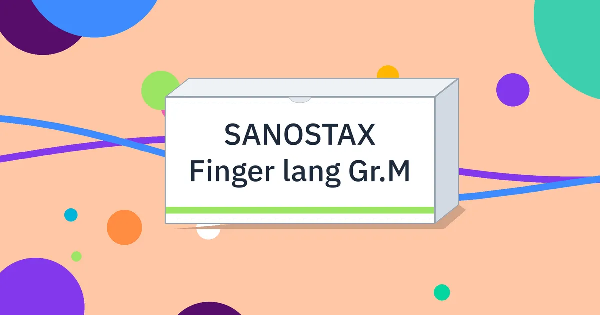 Symbolbild: Packung mit der Aufschrift SANOSTAX Finger lang Gr.M (PZN 12776409) – Verfügbarkeit und Bezug in Apotheken in Frankfurt am Main