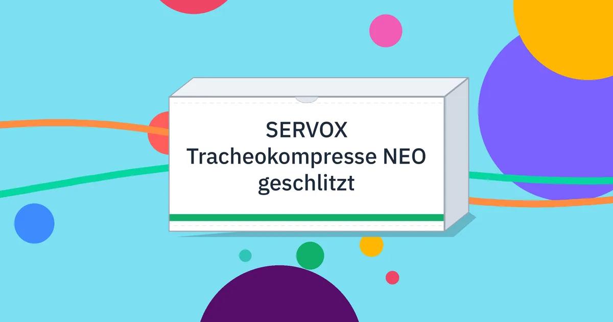 Symbolbild: Packung mit der Aufschrift SERVOX Tracheokompresse NEO geschlitzt (PZN 09948982) – Verfügbarkeit und Bezug in Apotheken in Frankfurt am Main