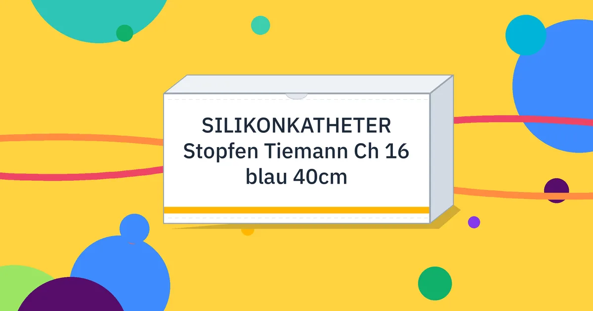 Symbolbild: Packung mit der Aufschrift SILIKONKATHETER Stopfen Tiemann Ch 16 blau 40cm (PZN 09766488) – Verfügbarkeit und Bezug in Apotheken in Frankfurt am Main